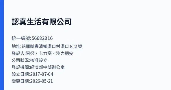 認真生活有限公司的照片-統編 56682816(花蓮縣) 公司登記資料與營業項目詳細圖表