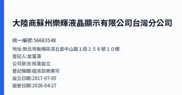 大陸商蘇州樂輝液晶顯示有限公司台灣分公司的照片-統編 56683548(新北市) 公司登記資料與營業項目詳細圖表