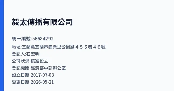 毅太傳播有限公司的照片-統編 56684292(宜蘭縣) 公司登記資料與營業項目詳細圖表