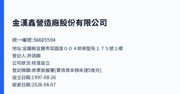 金漢鑫營造廠股份有限公司的照片-統編 56685594(宜蘭縣) 公司登記資料與營業項目詳細圖表
