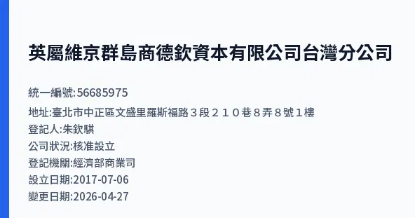英屬維京群島商德欽資本有限公司台灣分公司的照片-統編 56685975(臺北市) 公司登記資料與營業項目詳細圖表