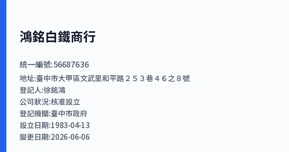 鴻銘白鐵商行的照片-統編 56687636(臺中市) 公司登記資料與營業項目詳細圖表