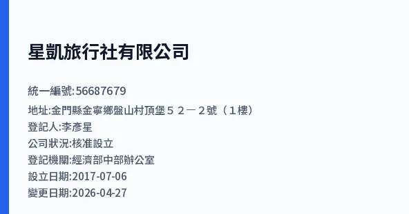 星凱旅行社有限公司的照片-統編 56687679(金門縣) 公司登記資料與營業項目詳細圖表