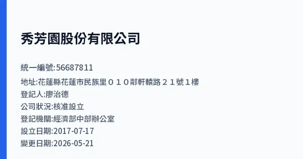 秀芳園股份有限公司的照片-統編 56687811(花蓮縣) 公司登記資料與營業項目詳細圖表