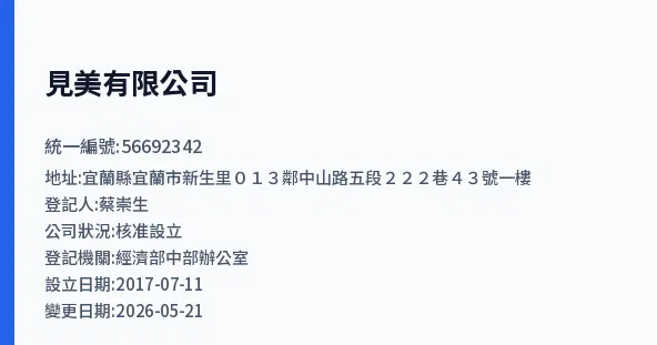 見美有限公司的照片-統編 56692342(宜蘭縣) 公司登記資料與營業項目詳細圖表