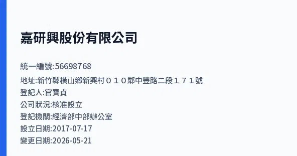 嘉研興股份有限公司的照片-統編 56698768(新竹縣) 公司登記資料與營業項目詳細圖表