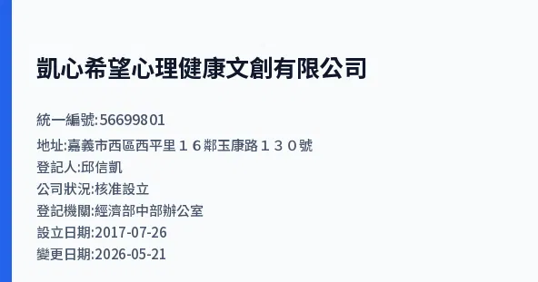 凱心希望心理健康文創有限公司的照片-統編 56699801(嘉義市) 公司登記資料與營業項目詳細圖表