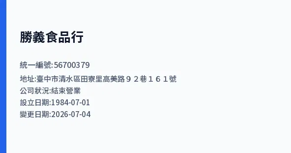 勝義食品行的照片-統編 56700379(臺中市) 公司登記資料與營業項目詳細圖表