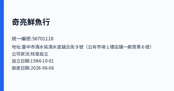 奇亮鮮魚行的照片-統編 56701118(臺中市) 公司登記資料與營業項目詳細圖表