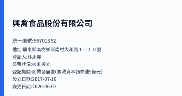 興禽食品股份有限公司的照片-統編 56701362(屏東縣) 公司登記資料與營業項目詳細圖表