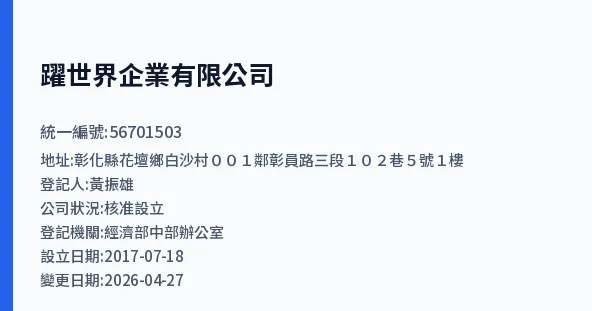 躍世界企業有限公司的照片-統編 56701503(彰化縣) 公司登記資料與營業項目詳細圖表