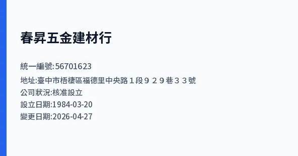 春昇五金建材行的照片-統編 56701623(臺中市) 公司登記資料與營業項目詳細圖表