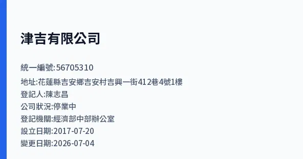 津吉有限公司的照片-統編 56705310(花蓮縣) 公司登記資料與營業項目詳細圖表