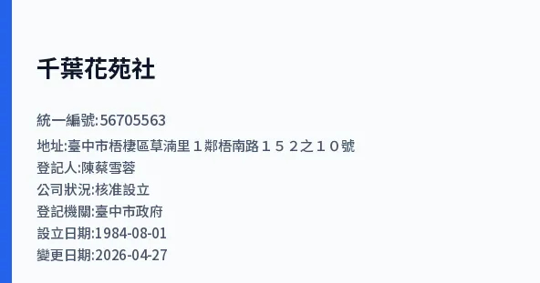 千葉花苑社的照片-統編 56705563(臺中市) 公司登記資料與營業項目詳細圖表