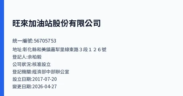 旺來加油站股份有限公司的照片-統編 56705753(彰化縣) 公司登記資料與營業項目詳細圖表
