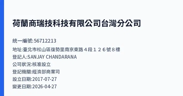 荷蘭商瑞技科技有限公司台灣分公司的照片-統編 56712213(臺北市) 公司登記資料與營業項目詳細圖表