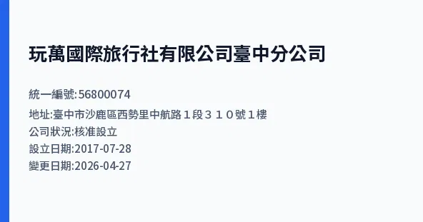 玩萬國際旅行社有限公司臺中分公司的照片-統編 56800074(臺中市) 公司登記資料與營業項目詳細圖表