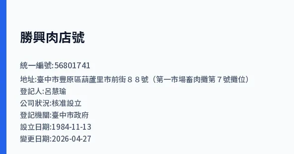 勝興肉店號的照片-統編 56801741(臺中市) 公司登記資料與營業項目詳細圖表