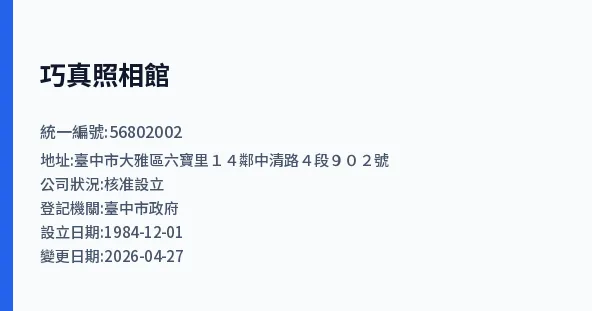巧真照相館的照片-統編 56802002(臺中市) 公司登記資料與營業項目詳細圖表