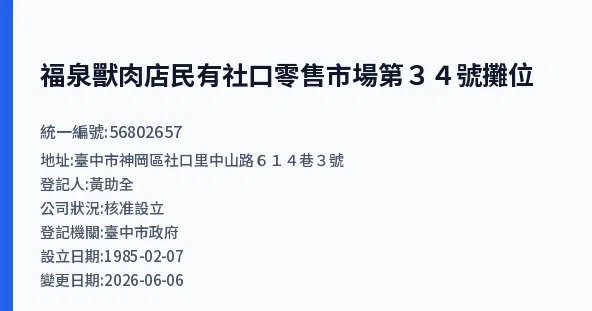 福泉獸肉店民有社口零售市場第34號攤位的照片-統編 56802657(臺中市) 公司登記資料與營業項目詳細圖表