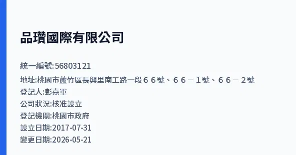 品瓚國際有限公司的照片-統編 56803121(桃園市) 公司登記資料與營業項目詳細圖表