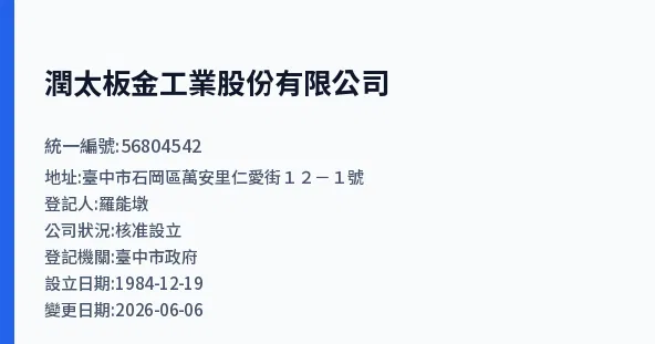 潤太板金工業股份有限公司的照片-統編 56804542(臺中市) 公司登記資料與營業項目詳細圖表