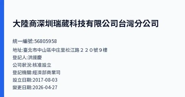 大陸商深圳瑞葳科技有限公司台灣分公司的照片-統編 56805958(臺北市) 公司登記資料與營業項目詳細圖表