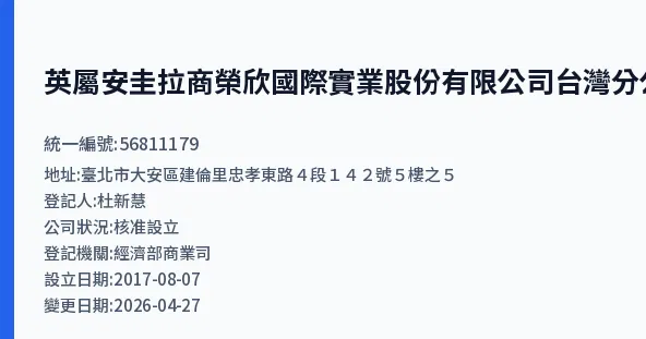 英屬安圭拉商榮欣國際實業股份有限公司台灣分公司的照片-統編 56811179(臺北市) 公司登記資料與營業項目詳細圖表