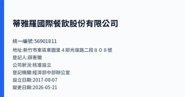 蒂雅羅國際餐飲股份有限公司的照片-統編 56901811(新竹市) 公司登記資料與營業項目詳細圖表