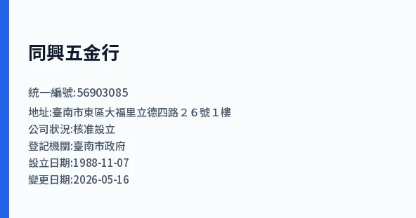 同興五金行的照片-統編 56903085(臺南市) 公司登記資料與營業項目詳細圖表