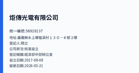 炬傳光電有限公司的照片-統編 56919137(嘉義縣) 公司登記資料與營業項目詳細圖表