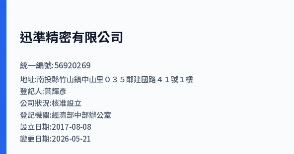 迅準精密有限公司的照片-統編 56920269(南投縣) 公司登記資料與營業項目詳細圖表