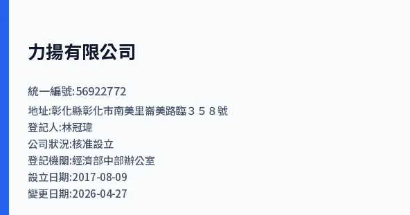 力揚有限公司的照片-統編 56922772(彰化縣) 公司登記資料與營業項目詳細圖表