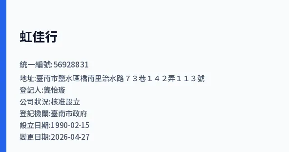 虹佳行的照片-統編 56928831(臺南市) 公司登記資料與營業項目詳細圖表