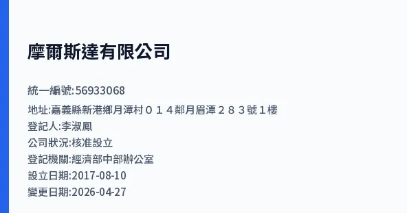 摩爾斯達有限公司的照片-統編 56933068(嘉義縣) 公司登記資料與營業項目詳細圖表