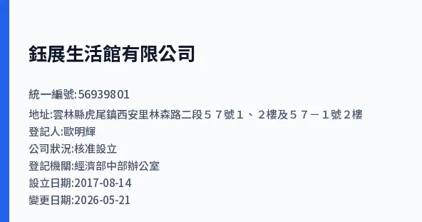 鈺展生活館有限公司的照片-統編 56939801(雲林縣) 公司登記資料與營業項目詳細圖表