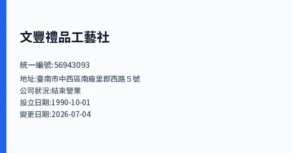 文豐禮品工藝社的照片-統編 56943093(臺南市) 公司登記資料與營業項目詳細圖表