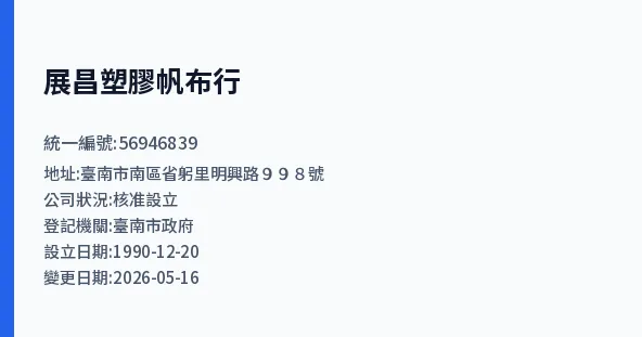 展昌塑膠帆布行的照片-統編 56946839(臺南市) 公司登記資料與營業項目詳細圖表