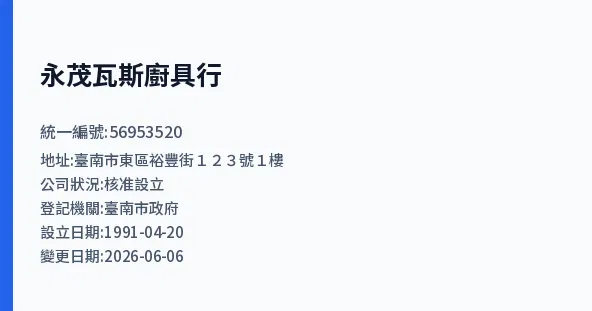 永茂瓦斯廚具行的照片-統編 56953520(臺南市) 公司登記資料與營業項目詳細圖表