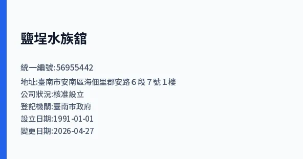 鹽埕水族舘的照片-統編 56955442(臺南市) 公司登記資料與營業項目詳細圖表