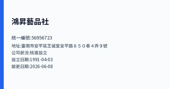 鴻昇藝品社的照片-統編 56956723(臺南市) 公司登記資料與營業項目詳細圖表