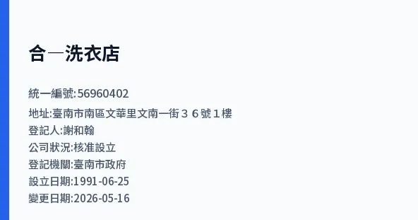 合―洗衣店的照片-統編 56960402(臺南市) 公司登記資料與營業項目詳細圖表