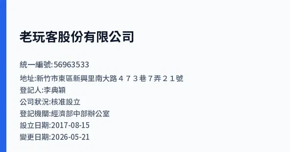 老玩客股份有限公司的照片-統編 56963533(新竹市) 公司登記資料與營業項目詳細圖表