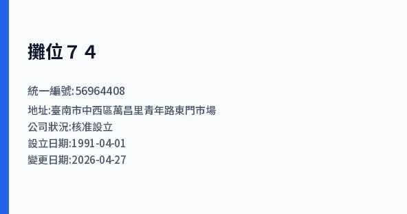攤位74的照片-統編 56964408(臺南市) 公司登記資料與營業項目詳細圖表