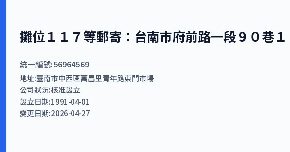 攤位117等郵寄:台南市府前路一段90巷15號的照片-統編 56964569(臺南市) 公司登記資料與營業項目詳細圖表