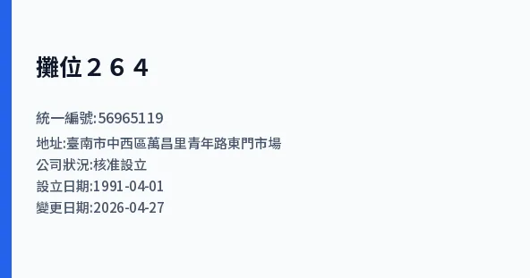 攤位264的照片-統編 56965119(臺南市) 公司登記資料與營業項目詳細圖表
