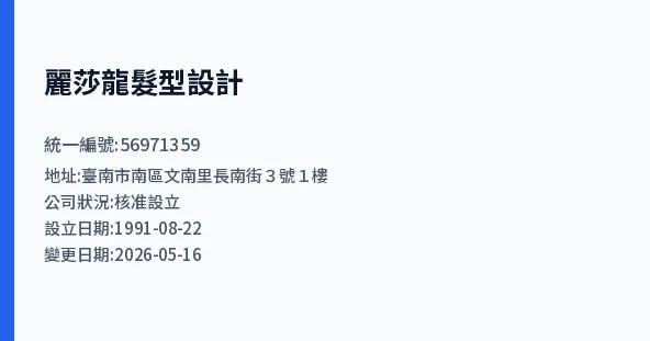 麗莎龍髮型設計的照片-統編 56971359(臺南市) 公司登記資料與營業項目詳細圖表
