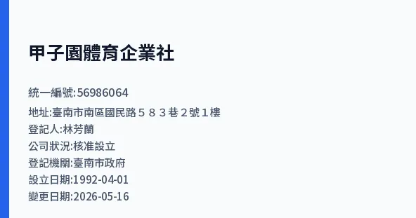 甲子園體育企業社的照片-統編 56986064(臺南市) 公司登記資料與營業項目詳細圖表