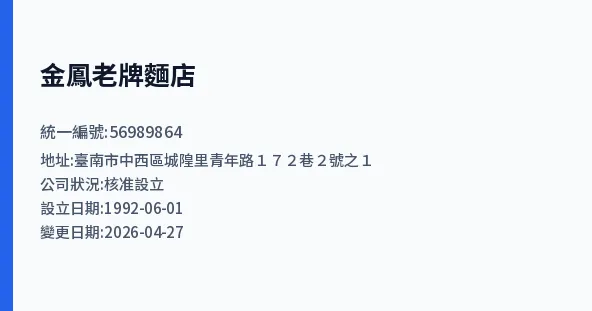 金鳳老牌麵店的照片-統編 56989864(臺南市) 公司登記資料與營業項目詳細圖表