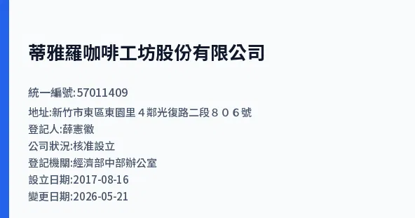 蒂雅羅咖啡工坊股份有限公司的照片-統編 57011409(新竹市) 公司登記資料與營業項目詳細圖表
